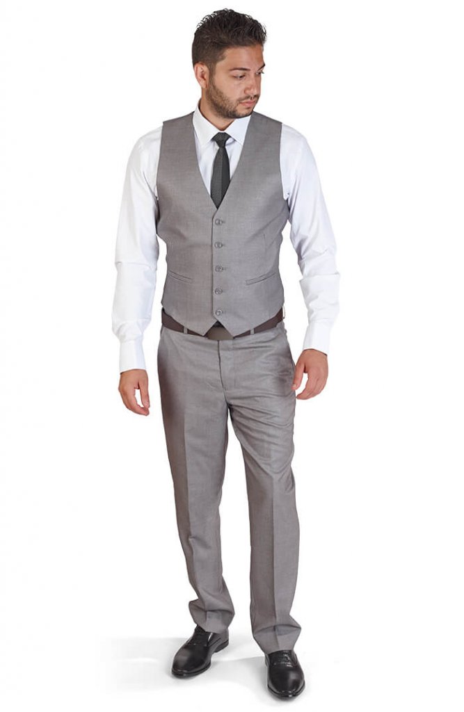 Slim Fit Mens 3 Piece Vested Solid Silver Suit - ÃZARMAN