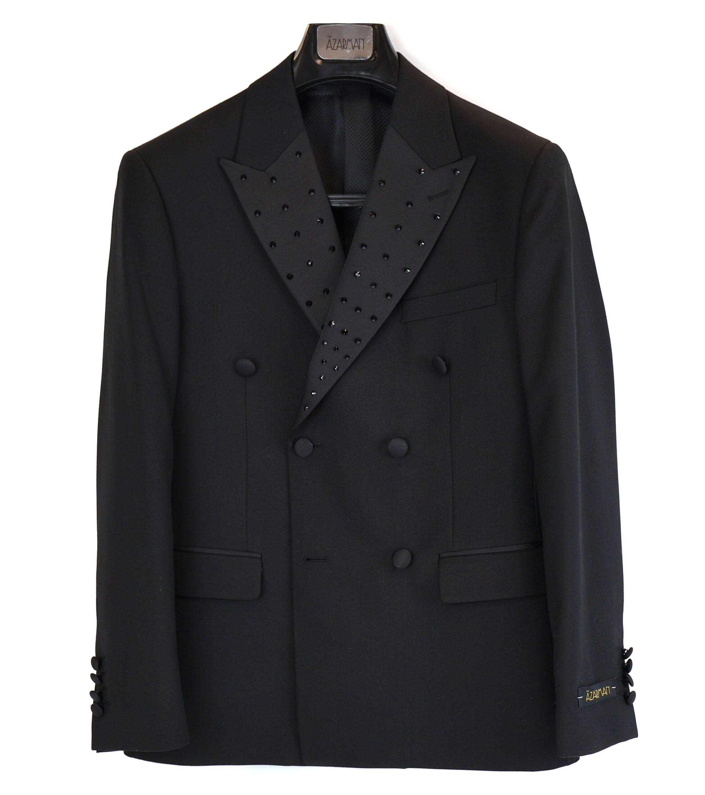 Slim Fit Black Double Breasted Tuxedo Black Studs Rhinestone Peak Lapel ...